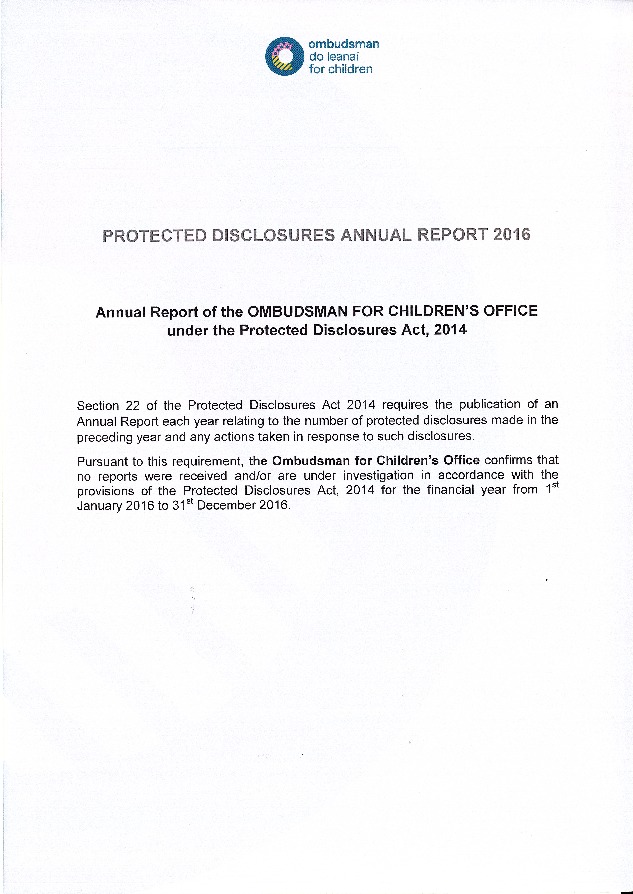Protected Disclosures 2016 | Ombudsman for Children