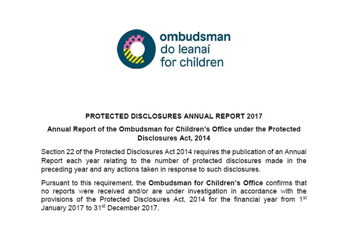 Protected Disclosures Annual Report 2017 | Ombudsman for Children